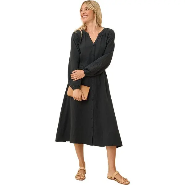 PACT Organic Cotton Coastal Double Gauze Poet Sleeve Dress - Black