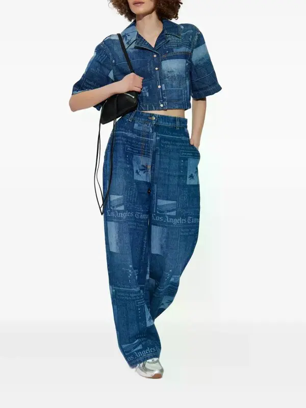 Palm Angels Newspaper Print Cropped Denim Shirt