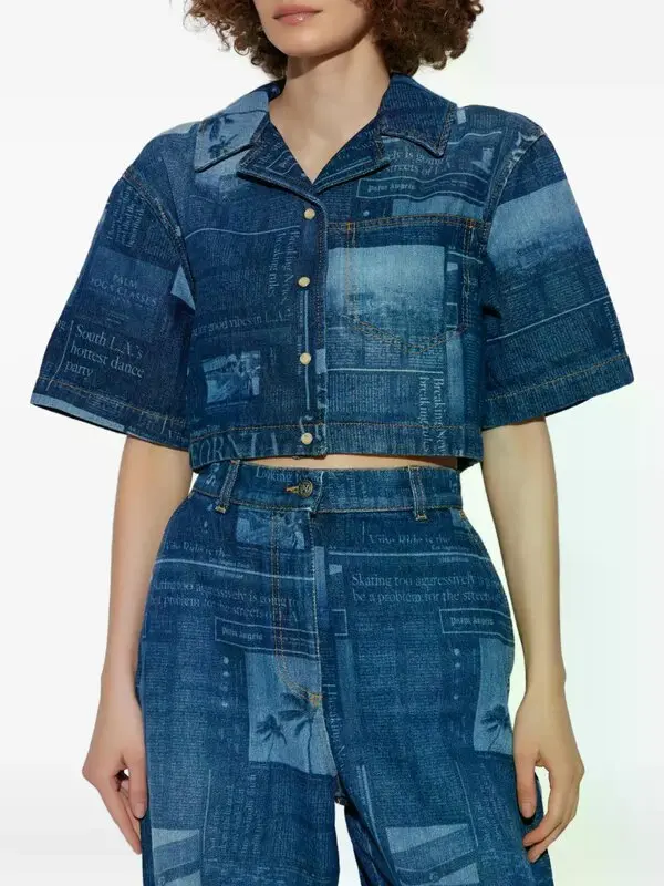 Palm Angels Newspaper Print Cropped Denim Shirt
