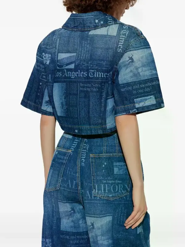 Palm Angels Newspaper Print Cropped Denim Shirt