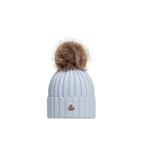 Moncler Wool Beanie With Faux Fur Pom Pom - Blue