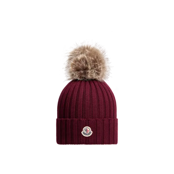 Moncler Wool Beanie With Faux Fur Pom Pom - Red