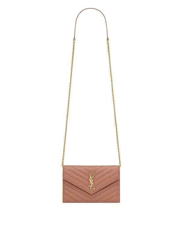 Saint Laurent Cassandre Envelope Chain Wallet In Lambskin - Barely Pink Lambskin/gold