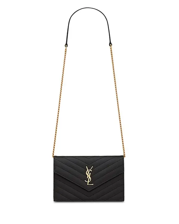 Saint Laurent Cassandre Envelope Chain Wallet In Lambskin - Black Lambskin/gold