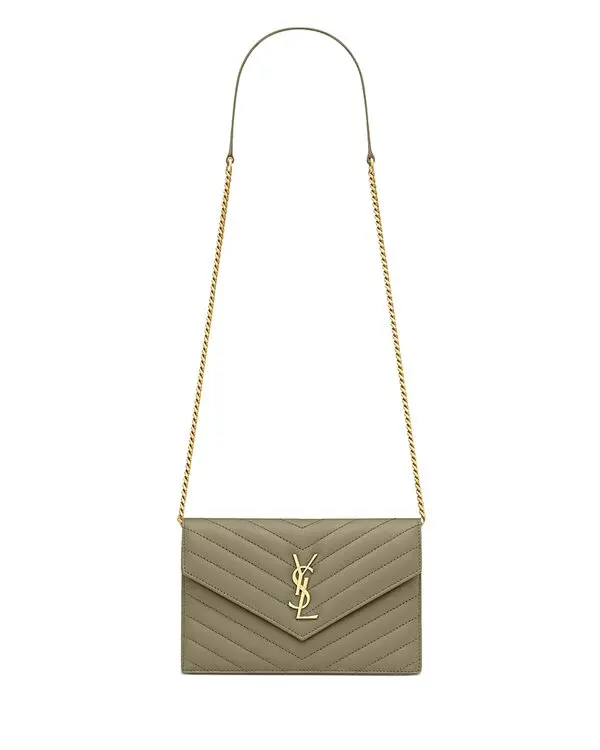 Saint Laurent Cassandre Envelope Chain Wallet In Lambskin - Strong Moss Lambskin/gold