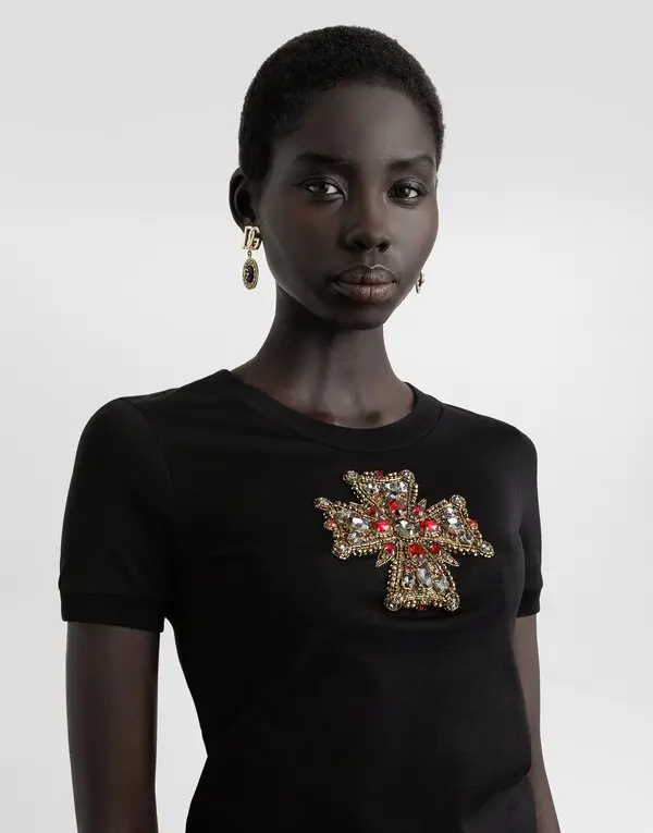 Dolce & Gabbana Cotton T-shirt With Swarovski Cross - Black