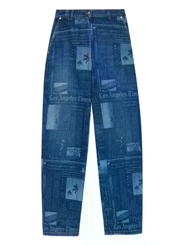 Palm Angels Newspaper Print Cotton Jeans - Blue