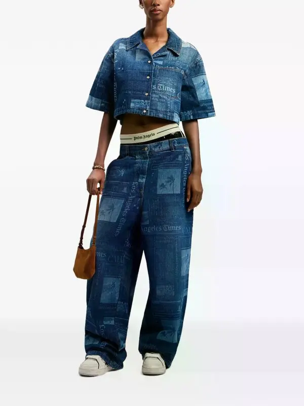 Palm Angels Newspaper-print Cropped Top - Blue