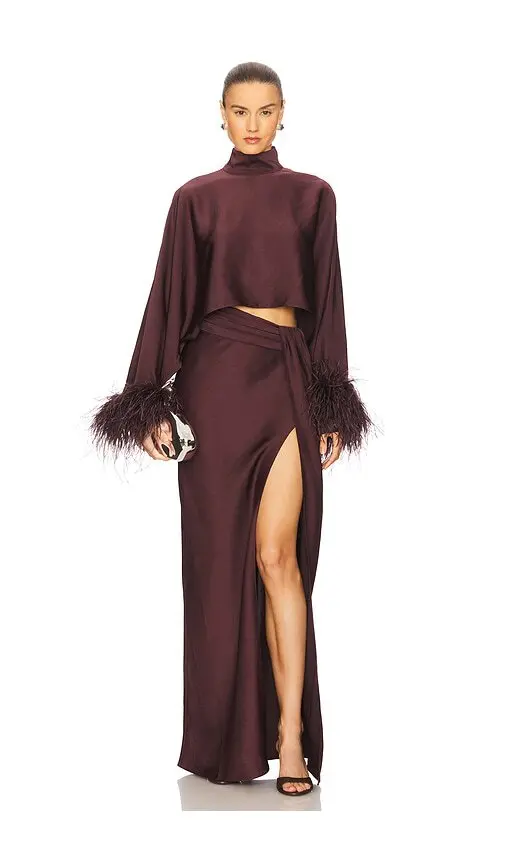 Lapointe Lightweight Satin Caftan Top With Feathers