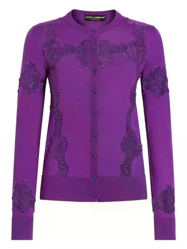 Dolce & Gabbana Wool Cardigan With Lace Inlay - Purple