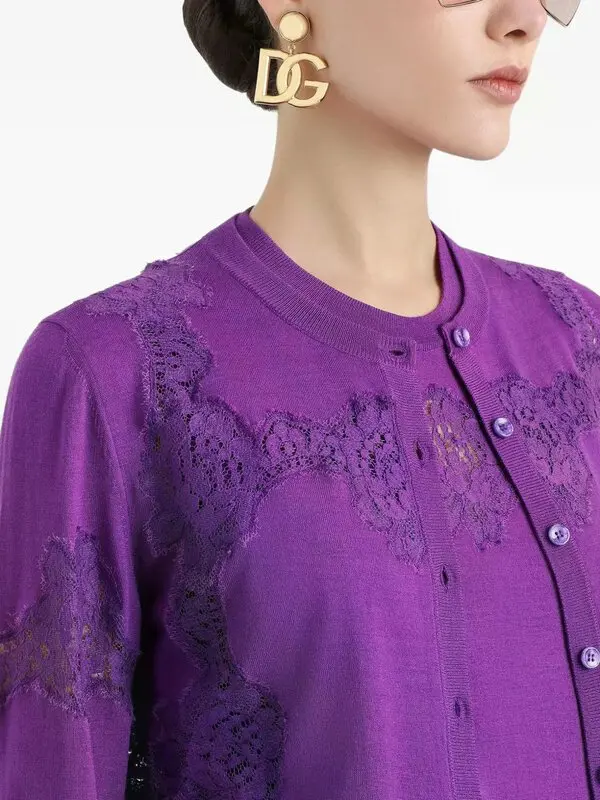 Dolce & Gabbana Wool Cardigan With Lace Inlay - Purple