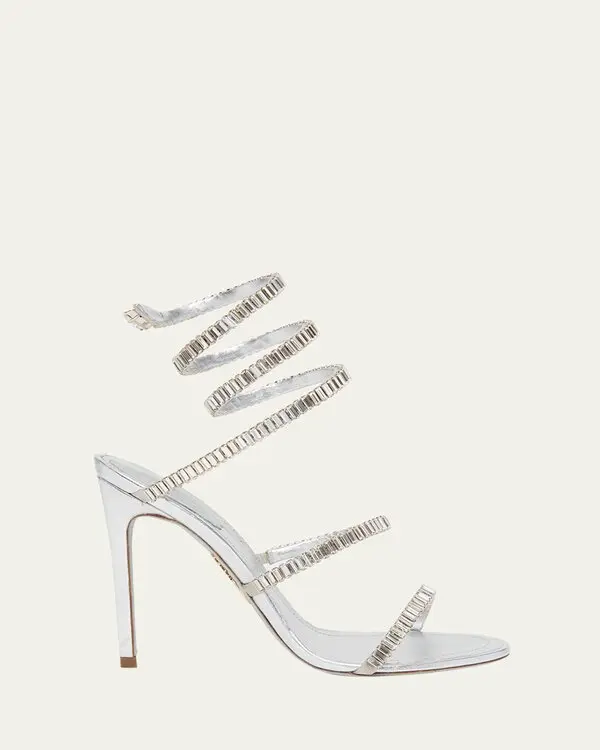 Rene Caovilla Metallic Leather Strass Snake Ankle Wrap Sandals - Silver
