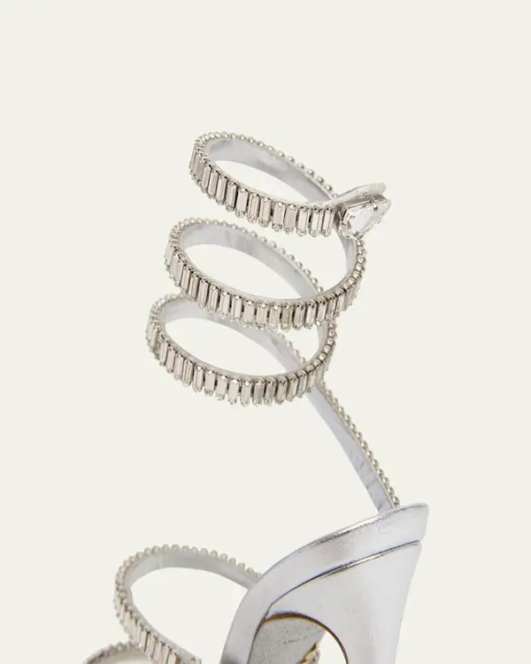 Rene Caovilla Metallic Leather Strass Snake Ankle Wrap Sandals - Silver