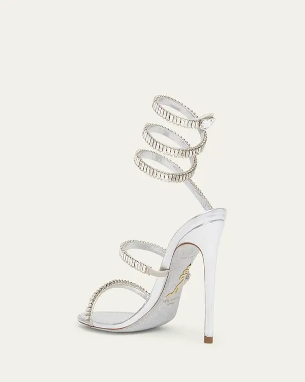 Rene Caovilla Metallic Leather Strass Snake Ankle Wrap Sandals - Silver