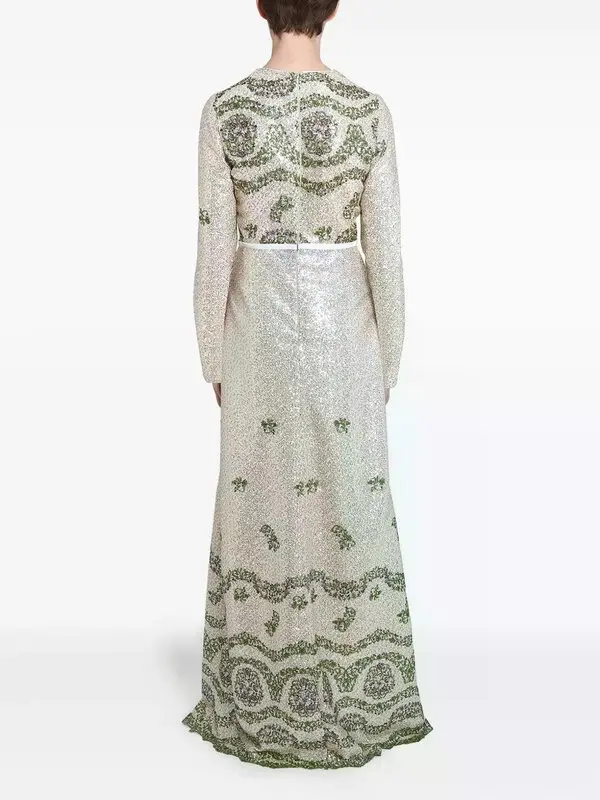 Giambattista Valli Sequin-Embroidered Long Dress Silver