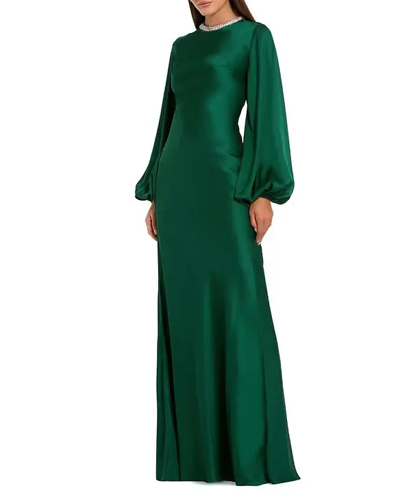 Mac Duggal Satin Long Blouson Sleeve Evening Gown - Emerald