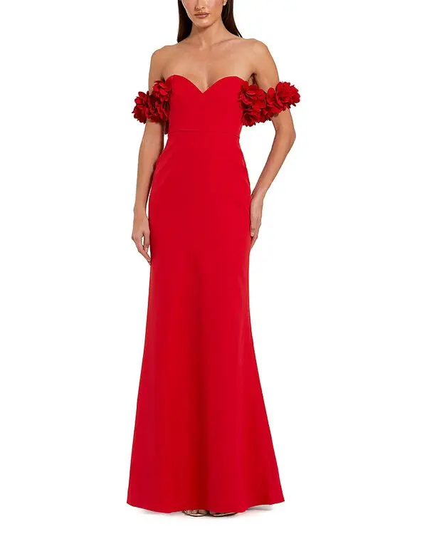 Mac Duggal Off-the-shoulder Gown With 3d Floral Applique - Red