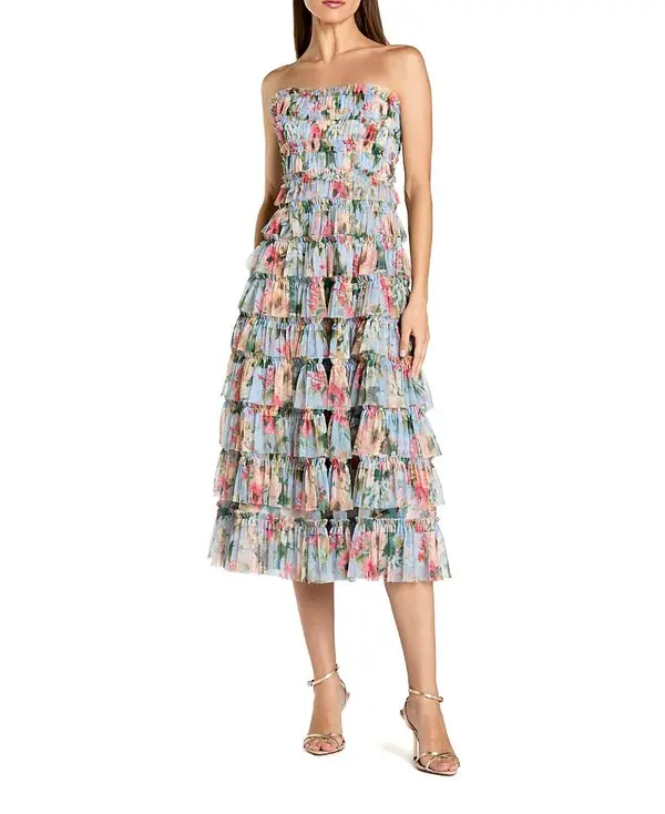 Mac Duggal Strapless Ruffle Mesh Midi Dress - Blue Multi