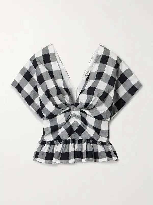 Sea Gingham Cotton-poplin Peplum Top