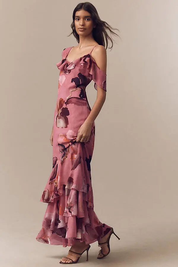 MARE MARE Lucy Chiffon Ruffle Maxi Dress - Plum Floral Chiffon