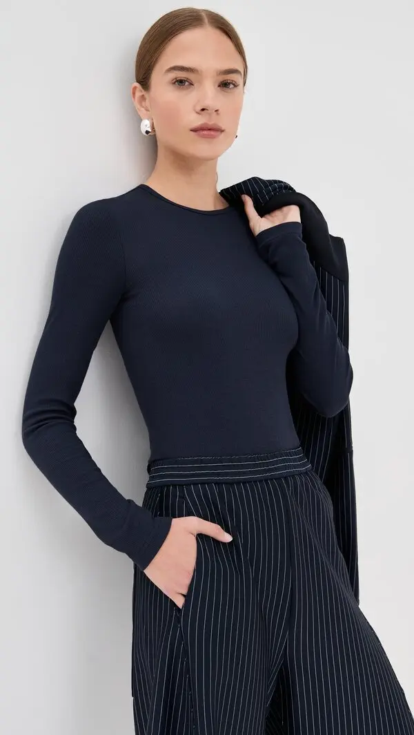 Tibi Circular Ribbed Crew Neck Pullover - Navy