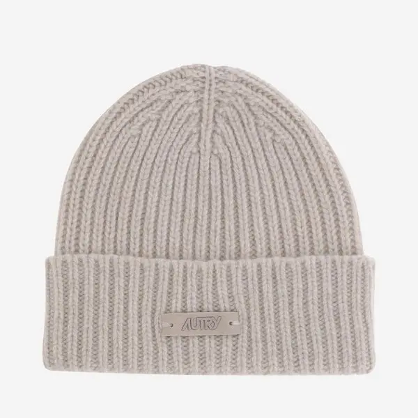 AUTRY Ribbed Wool Beanie With Logo - Beige