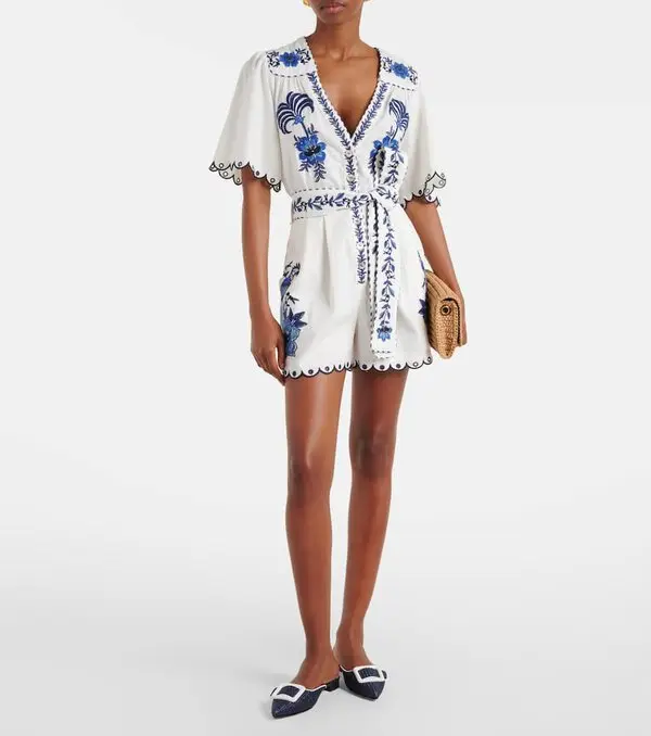 Farm Rio Embroidered Linen-blend Romper