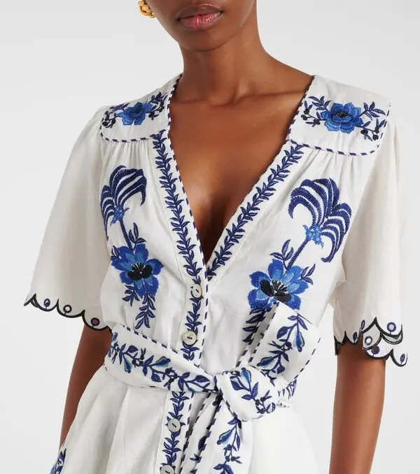 Farm Rio Embroidered Linen-blend Romper