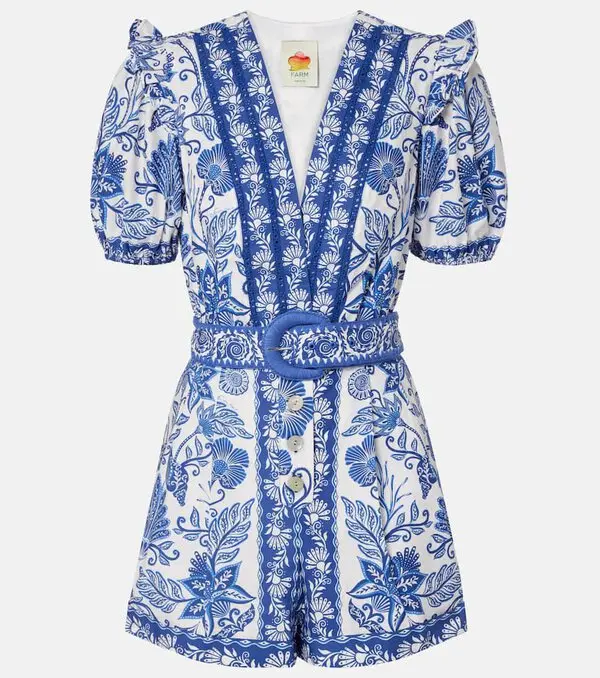 Farm Rio Printed Belted Cotton Romper - Blue