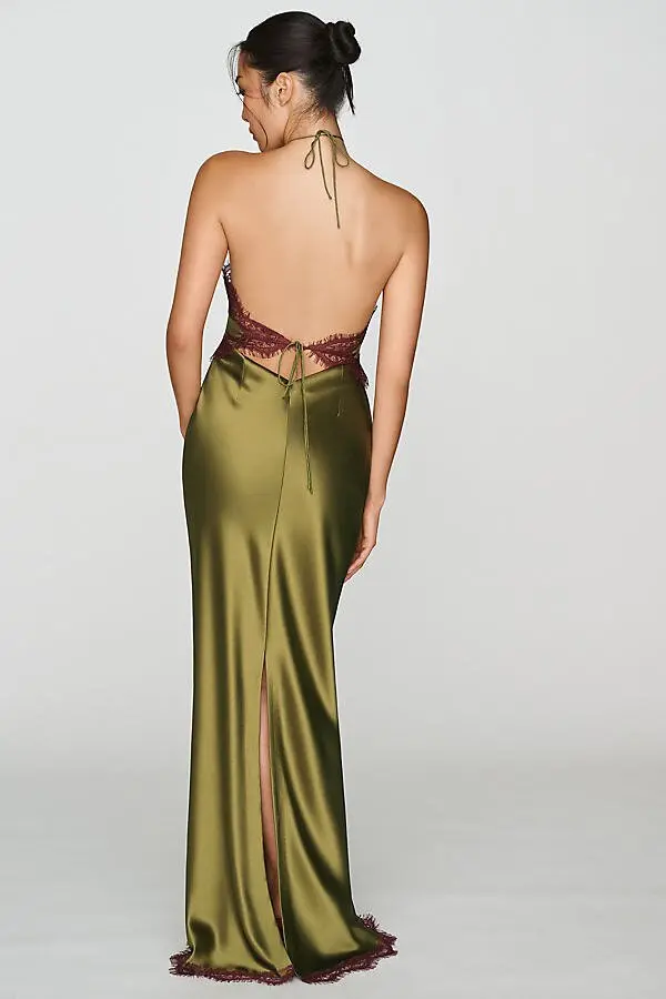Retrofete Everly Halter Lace-trim Satin Maxi Dress - Green