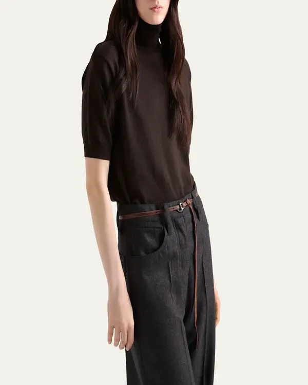 Prada Turtleneck Superfine Cashmere Short-sleeve Sweater - Moro