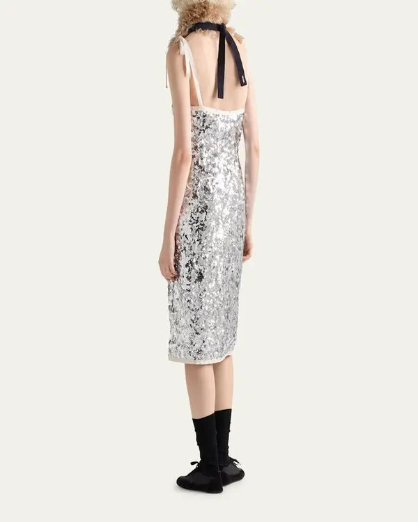 Prada Sequin Tie-shoulder Midi Dress - Argento