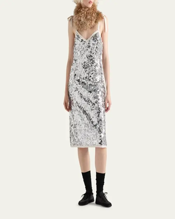 Prada Sequin Tie-shoulder Midi Dress - Argento