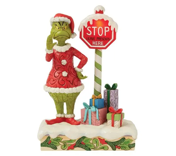 JIM SHORE Grinch Stop Sign Led Christmas Fig Urine 9.4in H - One-color