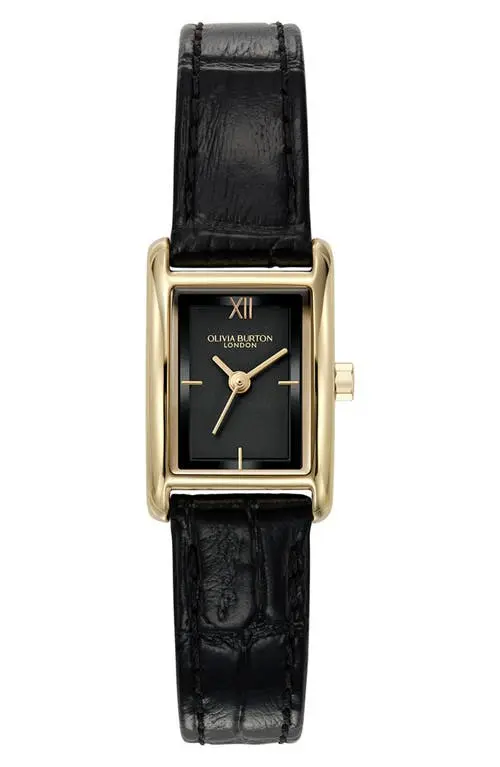 OLIVIA BURTON Mini Grove Rectangular Croc Embossed Leather Strap Watch - Black
