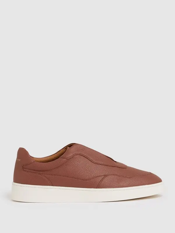 REISS Grained Leather Elasticated Lace Trainers - Terracotta Brown
