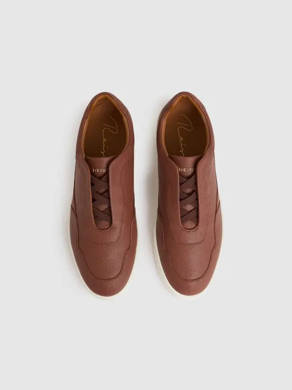 REISS Grained Leather Elasticated Lace Trainers - Terracotta Brown