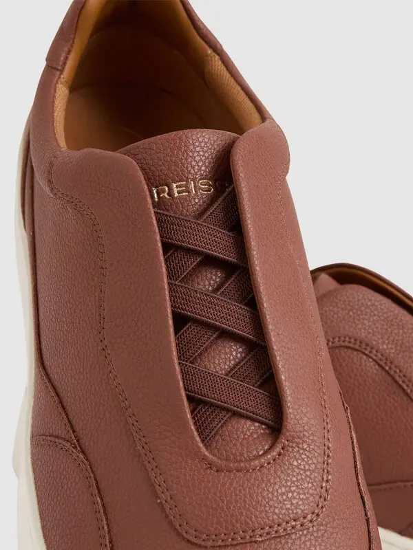 REISS Grained Leather Elasticated Lace Trainers - Terracotta Brown