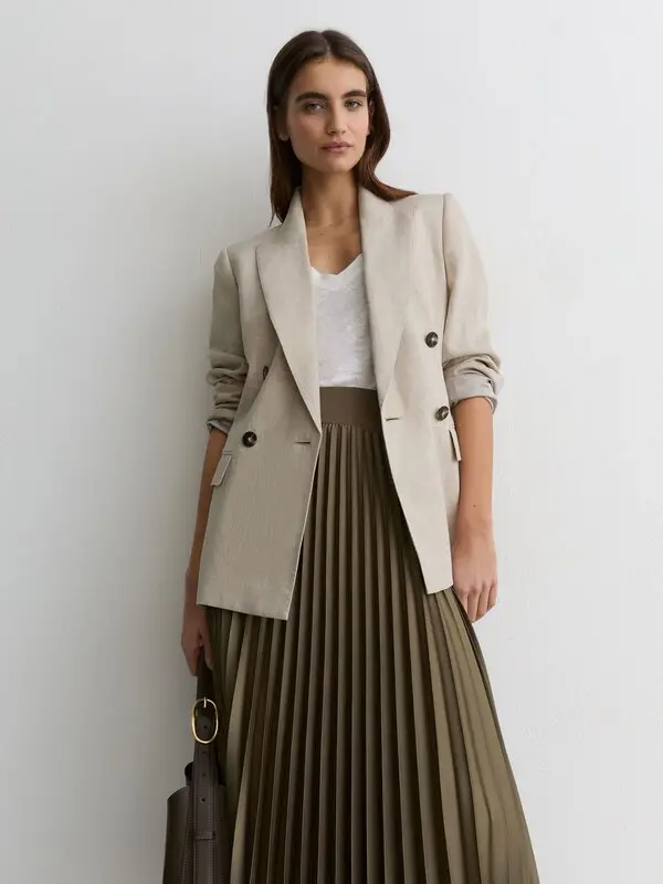 REISS Seren Pleated Midi Skirt - Khaki Green