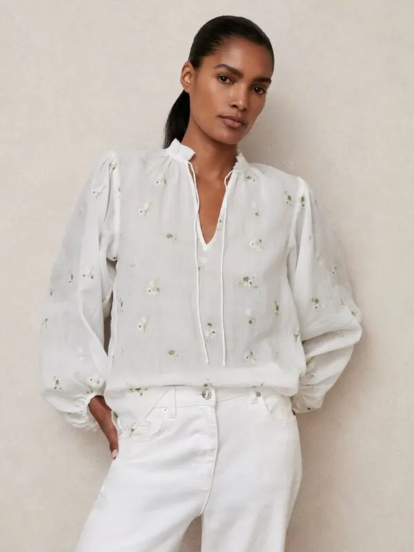 REISS Maya Floral Embroidered Tie-neck Blouse