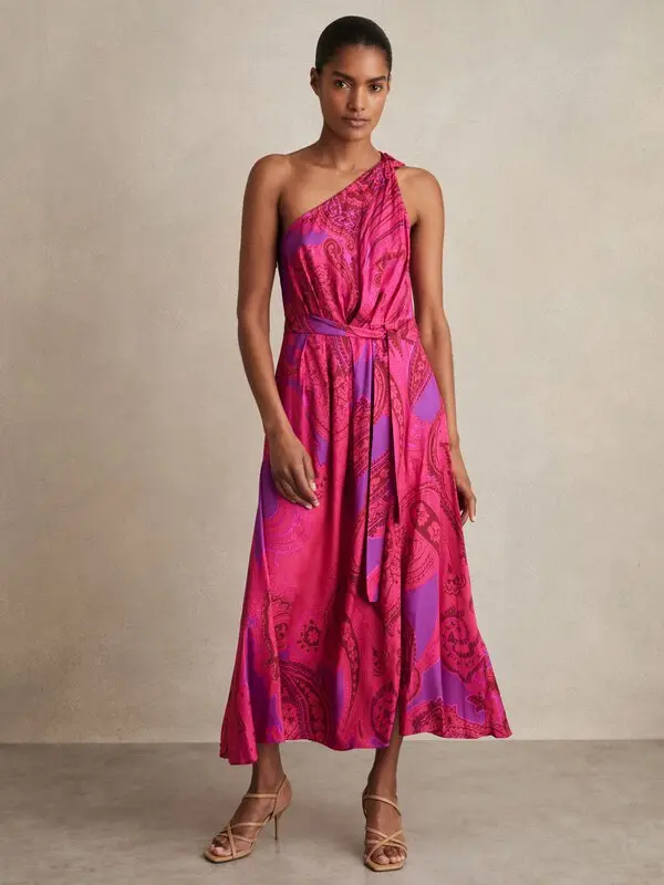 REISS Paisley-print One-shoulder Midi Dress