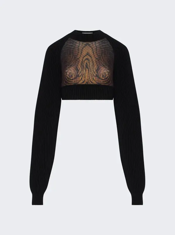 JEAN PAUL GAULTIER Ribbed Wool And Mesh Cropped Sweater - Black