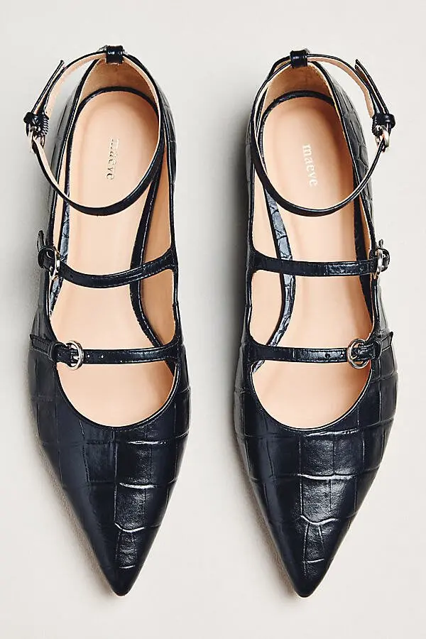 Maeve Triple-strap Mary Jane Flats - Black Croc