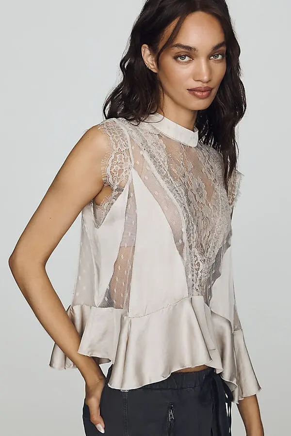 Anthropologie Harmony Sheer Lace Peplum Blouse - Stone