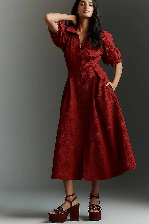 English Factory Puff-sleeve Textured Midi Shirt Dress - Burgundy