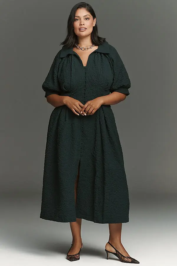 English Factory Puff-sleeve Textured Midi Shirt Dress - Dark Green
