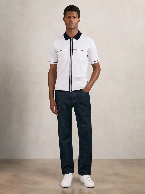 REISS Baxter Compact-knit Tipped Zip-through Shirt - White/navy/blue