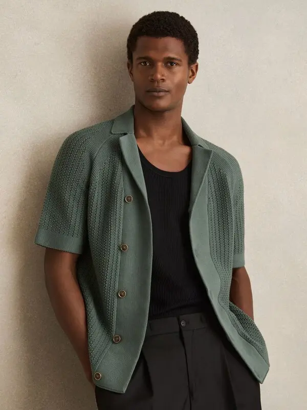 REISS Alphonso Cotton Textured-knit Cuban-collar Shirt