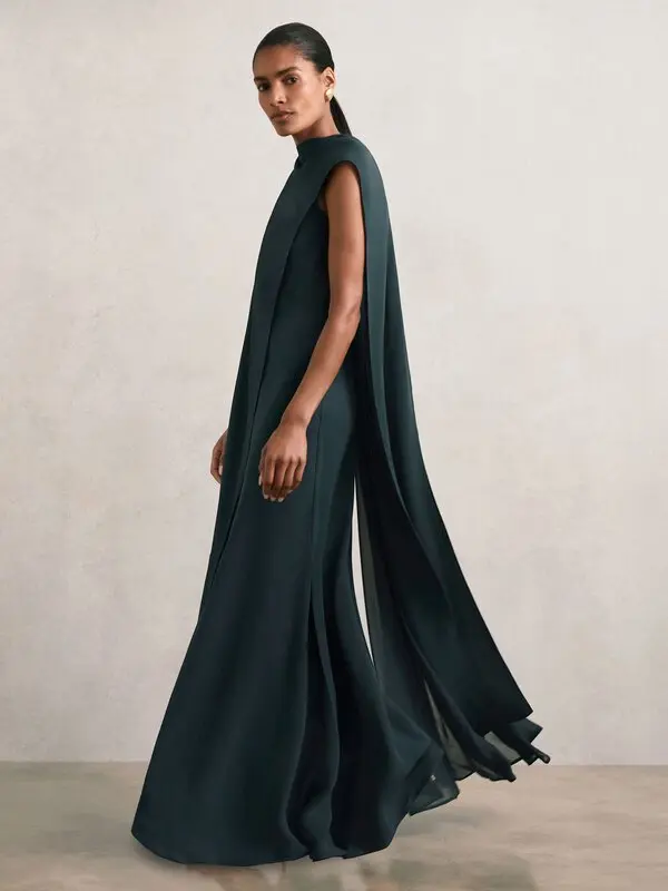 REISS Greta Petite Crepe Cape Maxi Dress - Teal Green