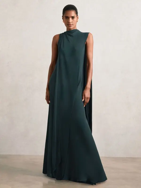 REISS Greta Petite Crepe Cape Maxi Dress - Teal Green
